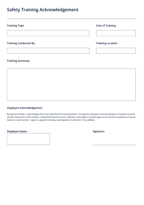 Safety training acknowledgement form | Training acknowledgement template