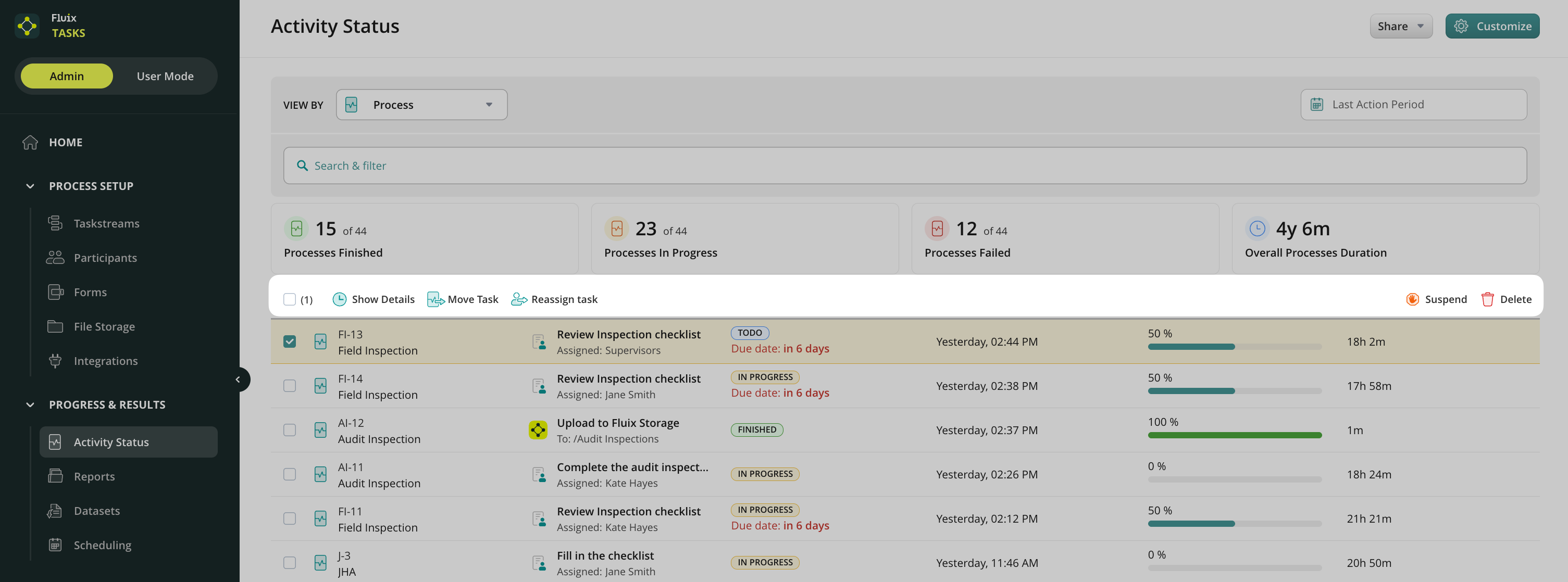 Actions in Activity Status | Fluix